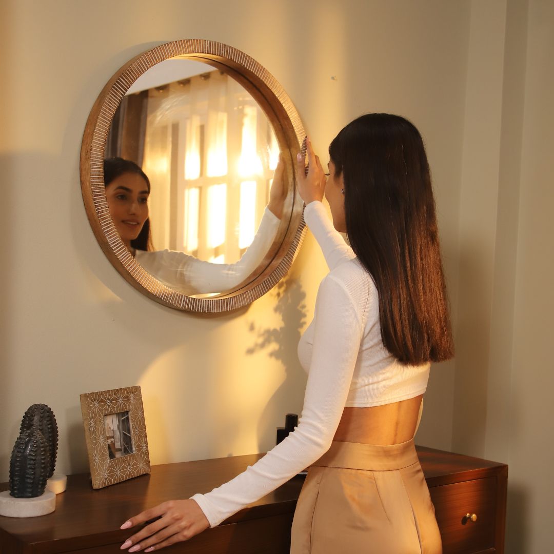 Wooden Ribbed Mirror 24 Inch Handcrafted Mango Wood | Dreamy Walls ...