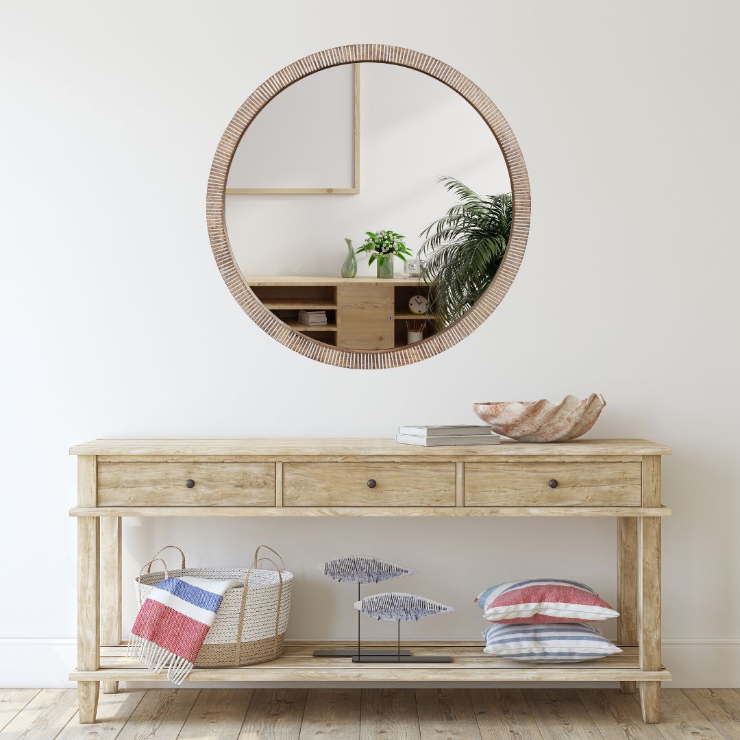 Wooden Ribbed Mirror 24 Inch Handcrafted Mango Wood | Dreamy Walls ...