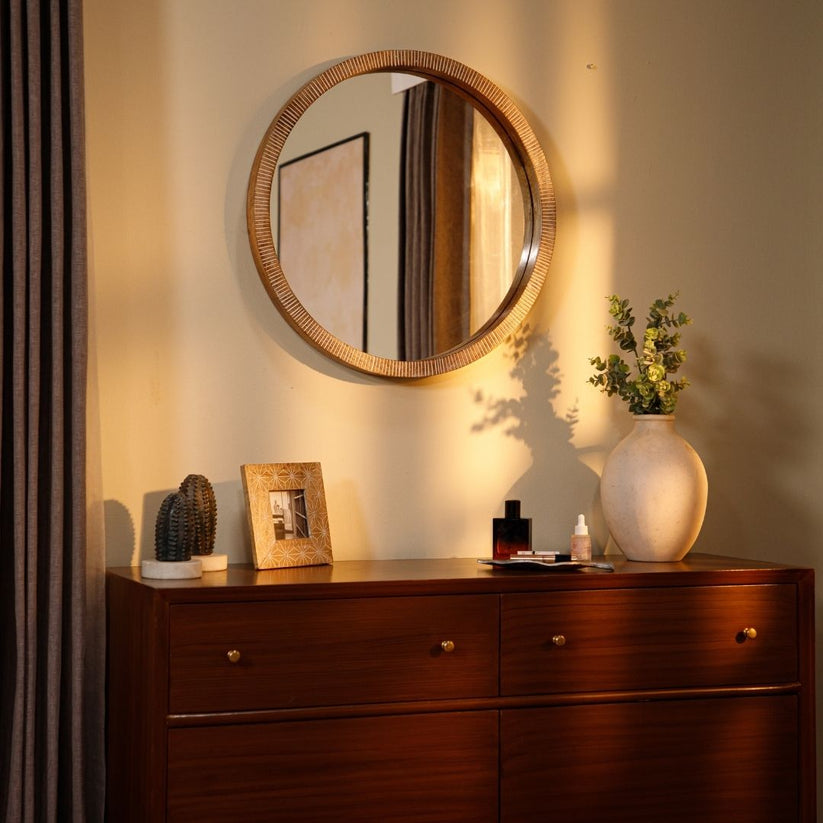 Wooden Ribbed Mirror 24 Inch Handcrafted Mango Wood | Dreamy Walls ...