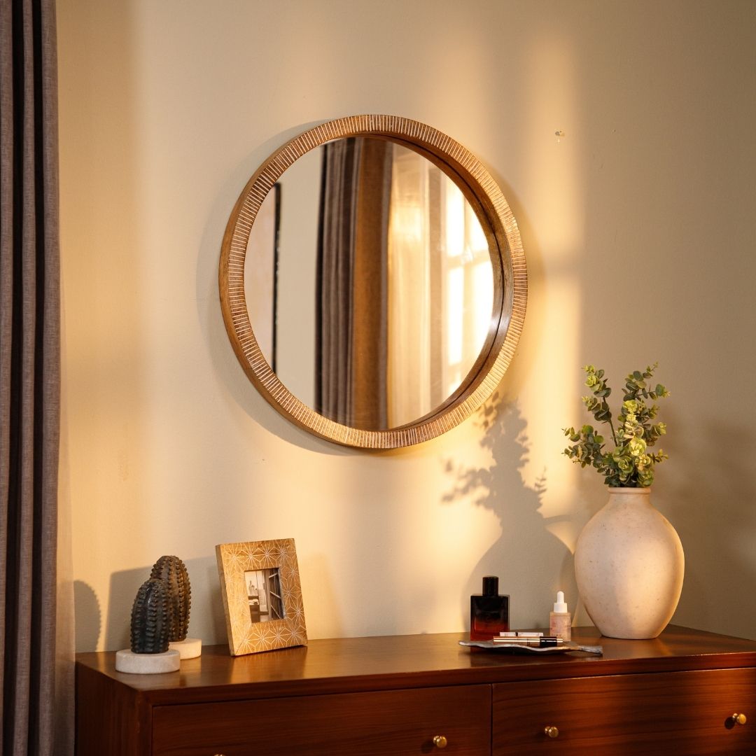 Wooden Ribbed Mirror 24 Inch Handcrafted Mango Wood | Dreamy Walls ...